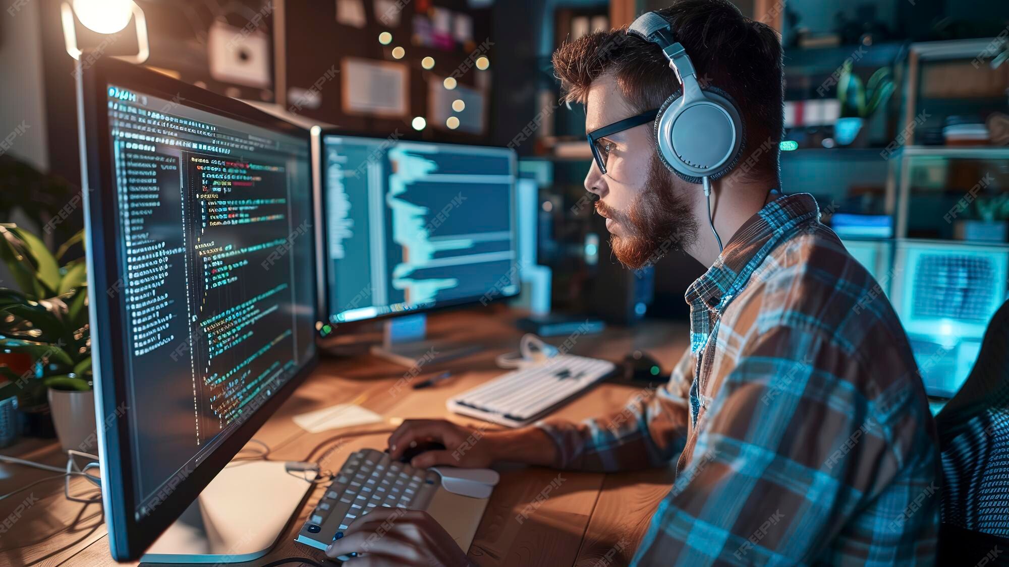 Young programmer is programming at the office programmer at the work programmer is coding ...