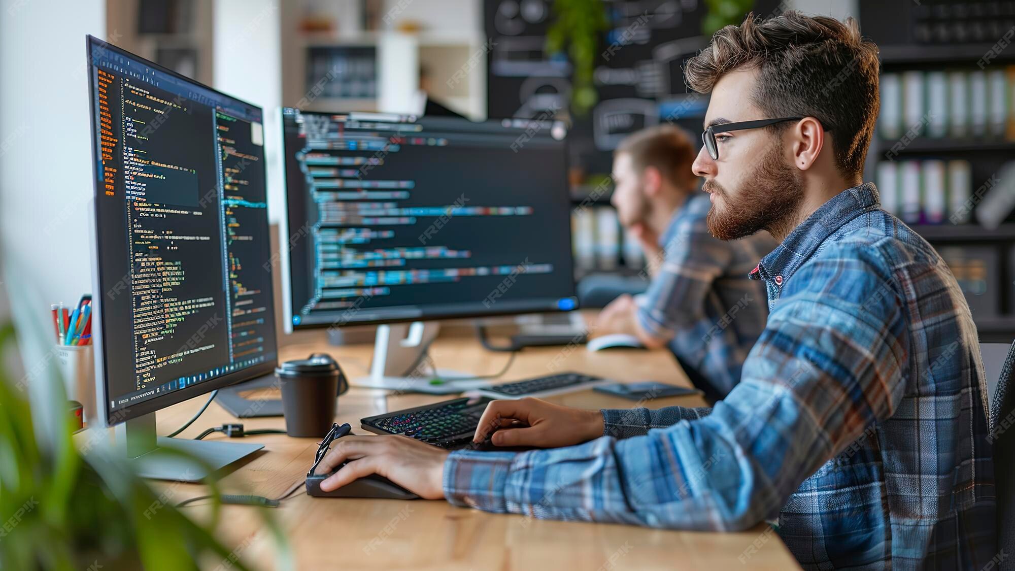 Young programmer is programming at the office programmer at the work programmer is coding ...