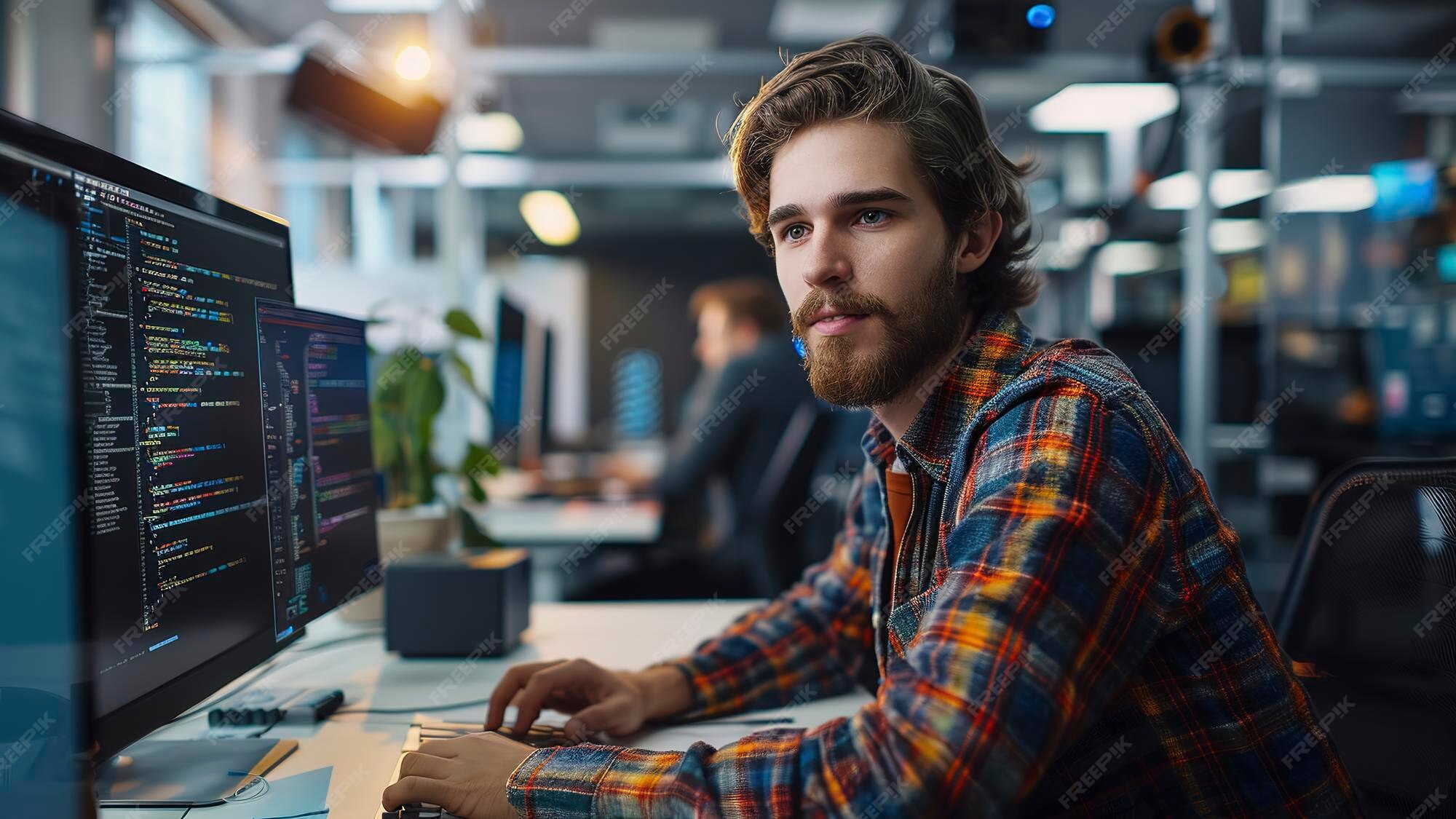 Young programmer is programming at the office programmer at the work programmer is coding ...