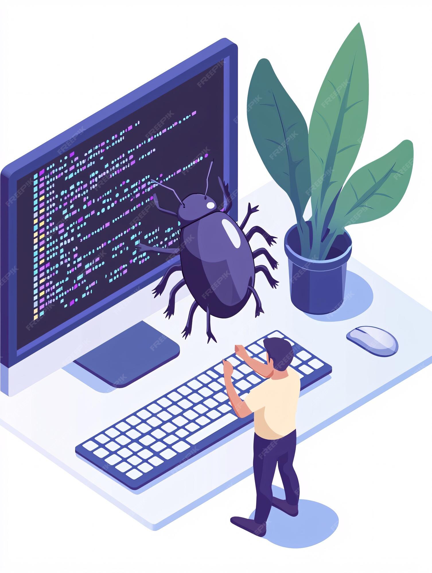 A young programmer pulls a large bug from a computer monitor in this flat 3D isometric ...