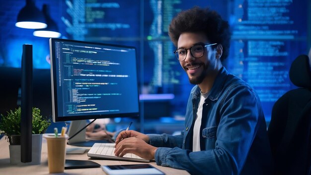 Premium Photo | Young programmer working in software javascript computer in it office writing ...