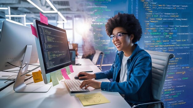 Premium Photo Young Programmer Working In Software Javascript Computer In It Office Writing