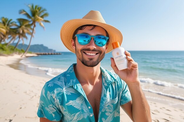Young smiling fun tourist man wear beach shirt hat apply sunscreen spf ... Young smiling fun tourist man wear beach shirt hat apply sunscreen spf ...