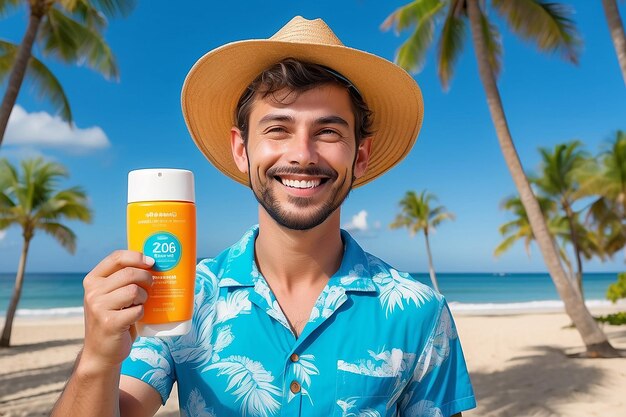 Young smiling fun tourist man wear beach shirt hat apply sunscreen spf ... Young smiling fun tourist man wear beach shirt hat apply sunscreen spf ...