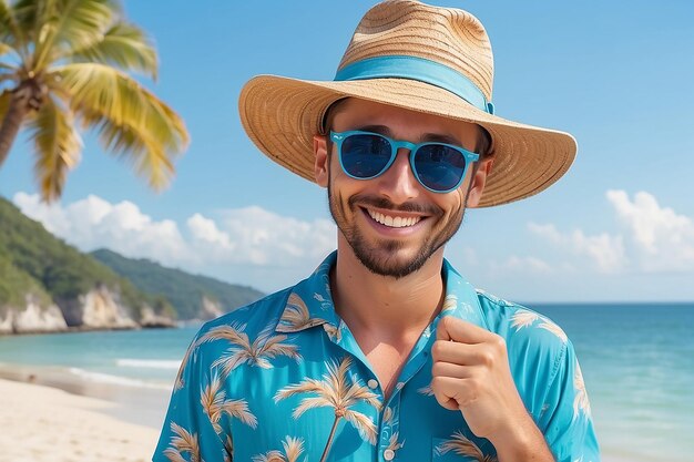 Young smiling fun tourist man wear beach shirt hat apply sunscreen spf ... Young smiling fun tourist man wear beach shirt hat apply sunscreen spf ...