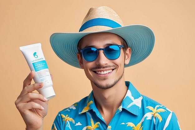 Young smiling fun tourist man wear beach shirt hat apply sunscreen spf ... Young smiling fun tourist man wear beach shirt hat apply sunscreen spf ...