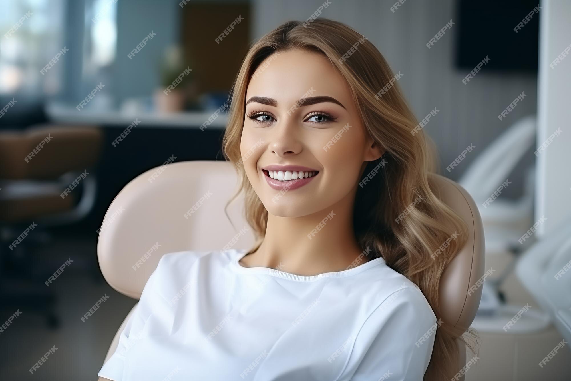 Premium Photo Young Smiling Woman Sitting On Chair At Dentist Office
