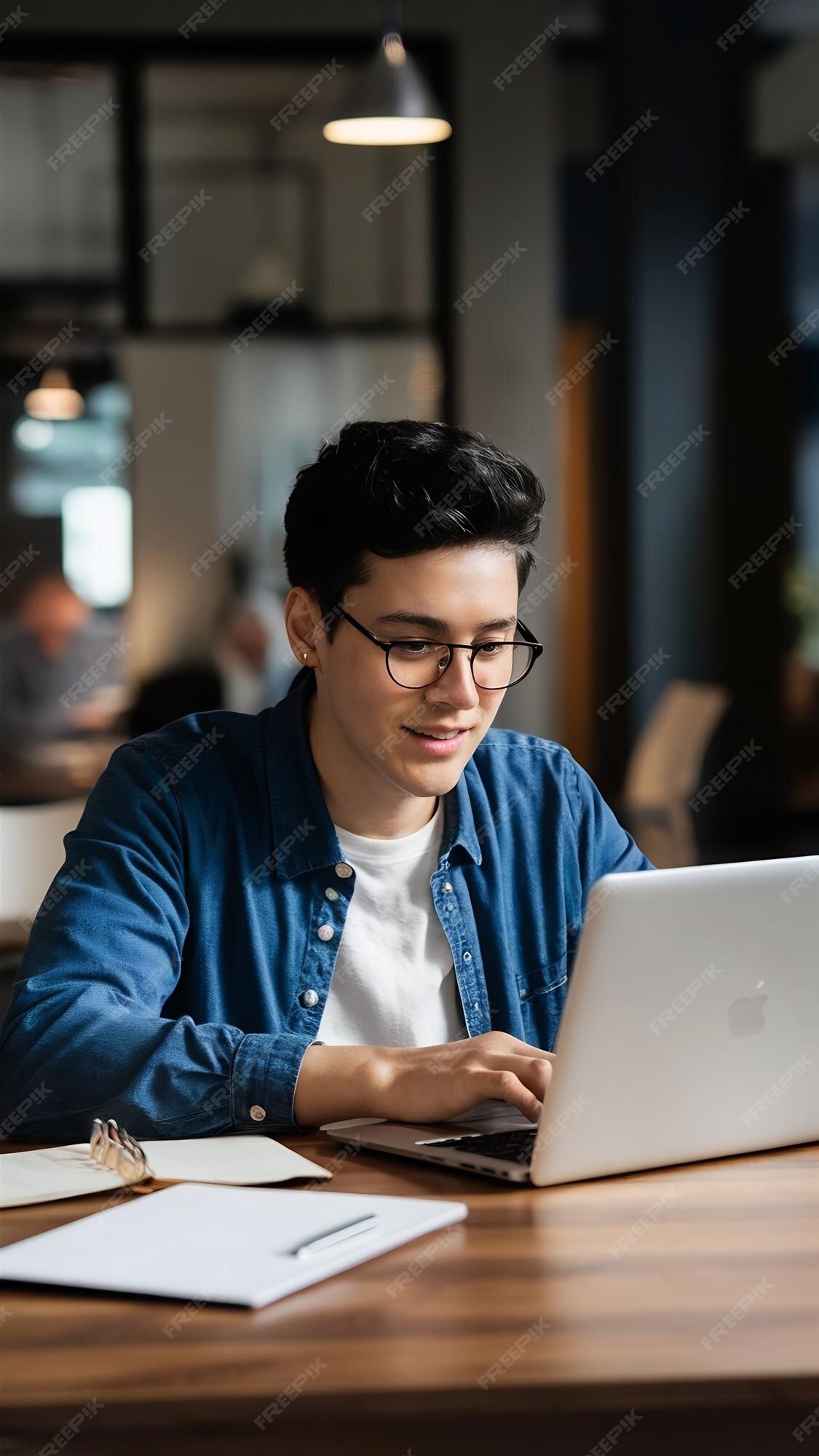 Young student sitting at the table and use the laptop | Premium AI ... Young student sitting at the table and use the laptop | Premium AI ...