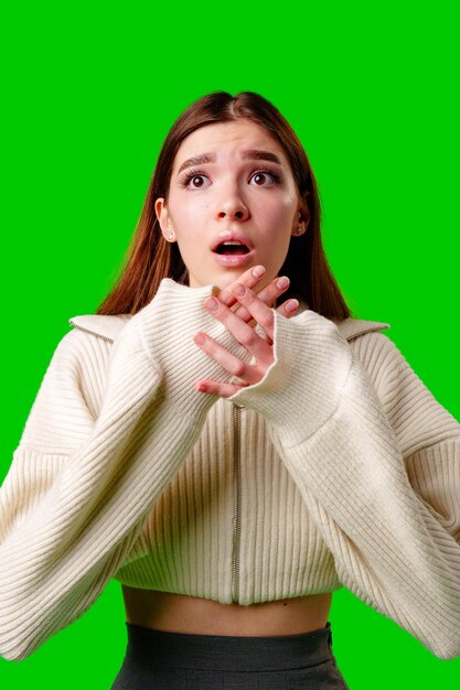 Premium Photo Young Woman Expressing Confusion With Hands Up Against
