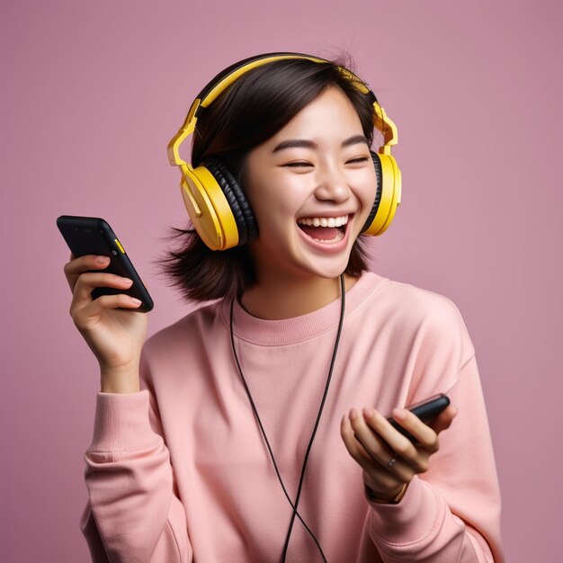 Young Woman Illustration Playing Mobile Games And Wearing Wireless Headphones Premium Ai 8843