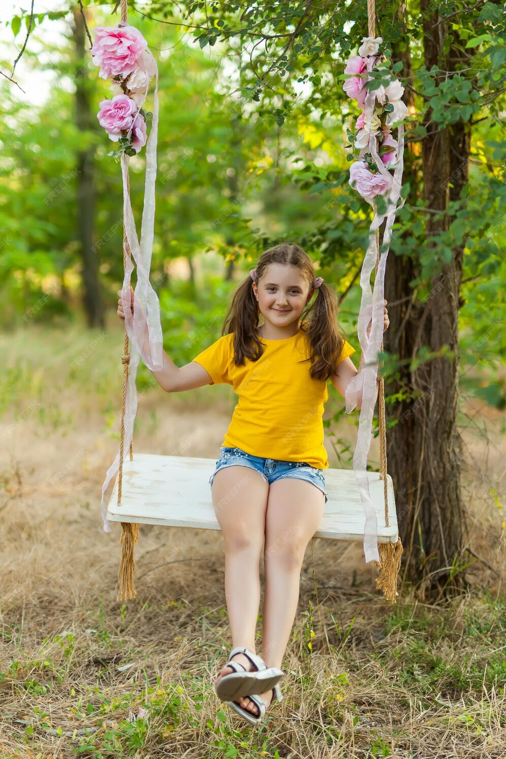 Premium Photo Young Woman Sitting On Swing At Park