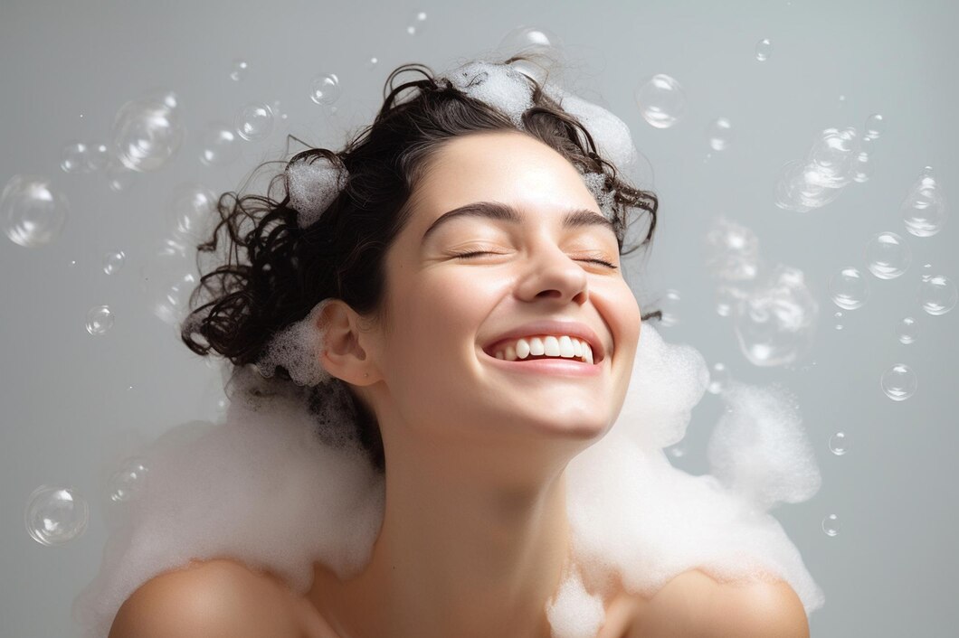 Premium Photo Young Woman In Soap Foam With Bubbles Taking Bubble
