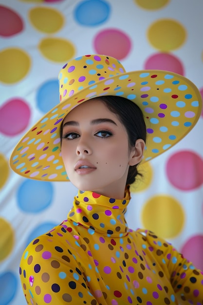 Premium Photo Young Woman In Vibrant Yellow Polka Dot Attire And Hat