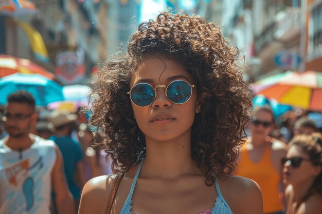 A Young Woman With Curly Hair Wearing Sunglasses Amidst A Bustling