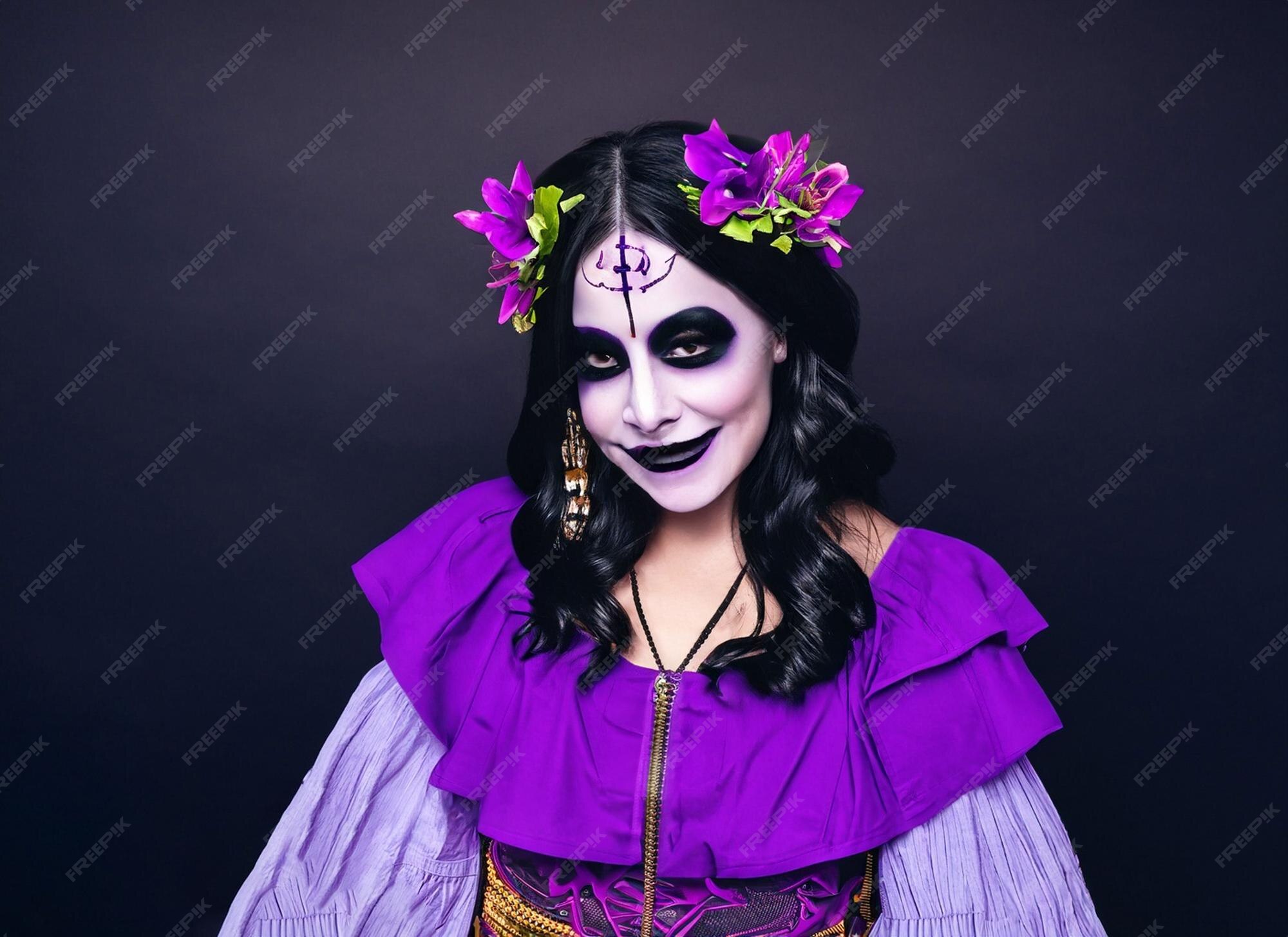 Premium Ai Image Young Woman With Gothic Vampire Makeup On Halloween Party Over Black Background