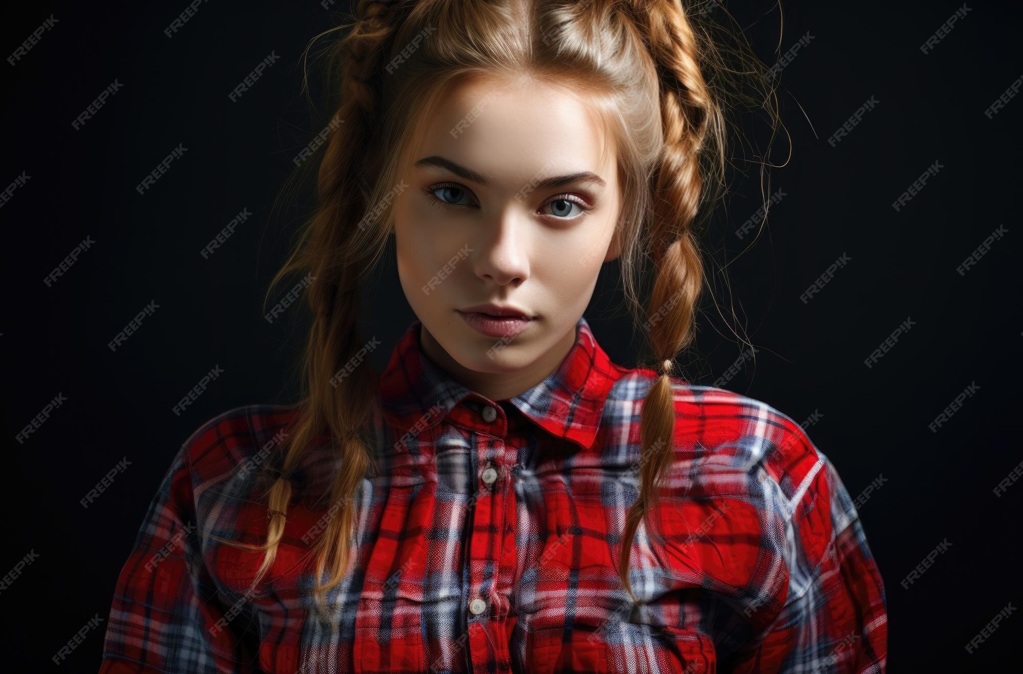 Premium Photo Young Woman With Messy Braids In A Plaid Shirt Against A Dark Background