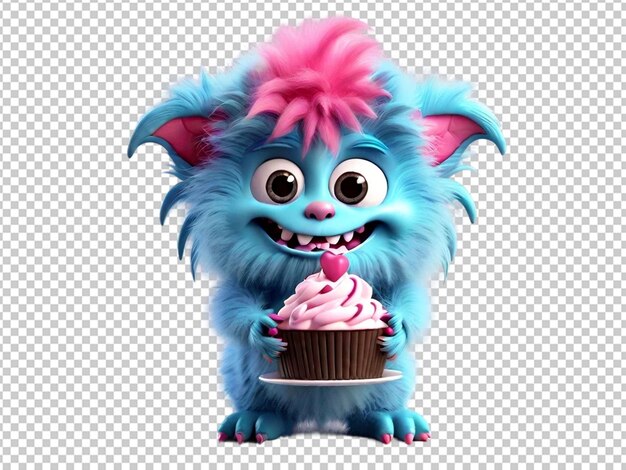 Premium Psd 3d Blue Furry Monster Holding Cake