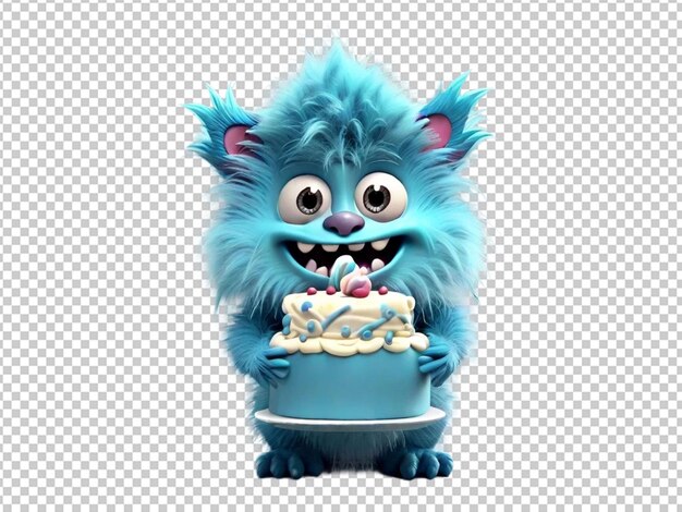 Premium Psd 3d Blue Furry Monster Holding Cake