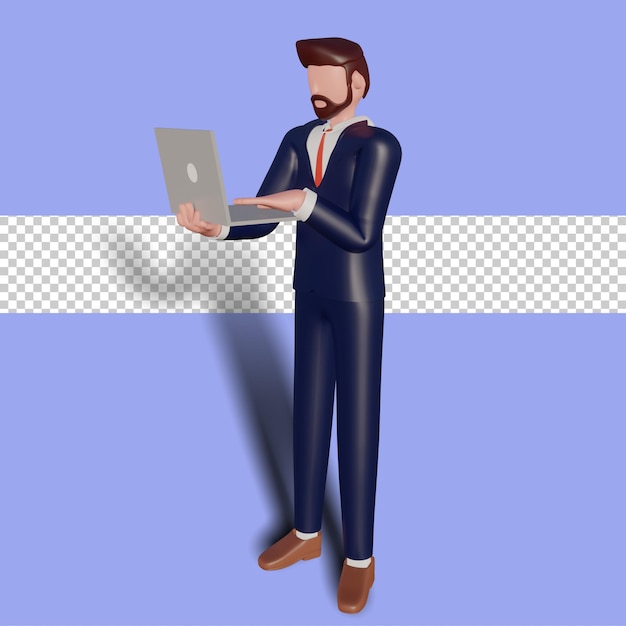 Premium Psd 3d Male Character Holding Laptop