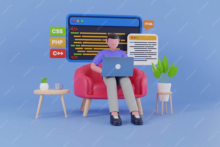 Premium PSD | 3d programmer engineer illustration concept of script coding and programming web site
