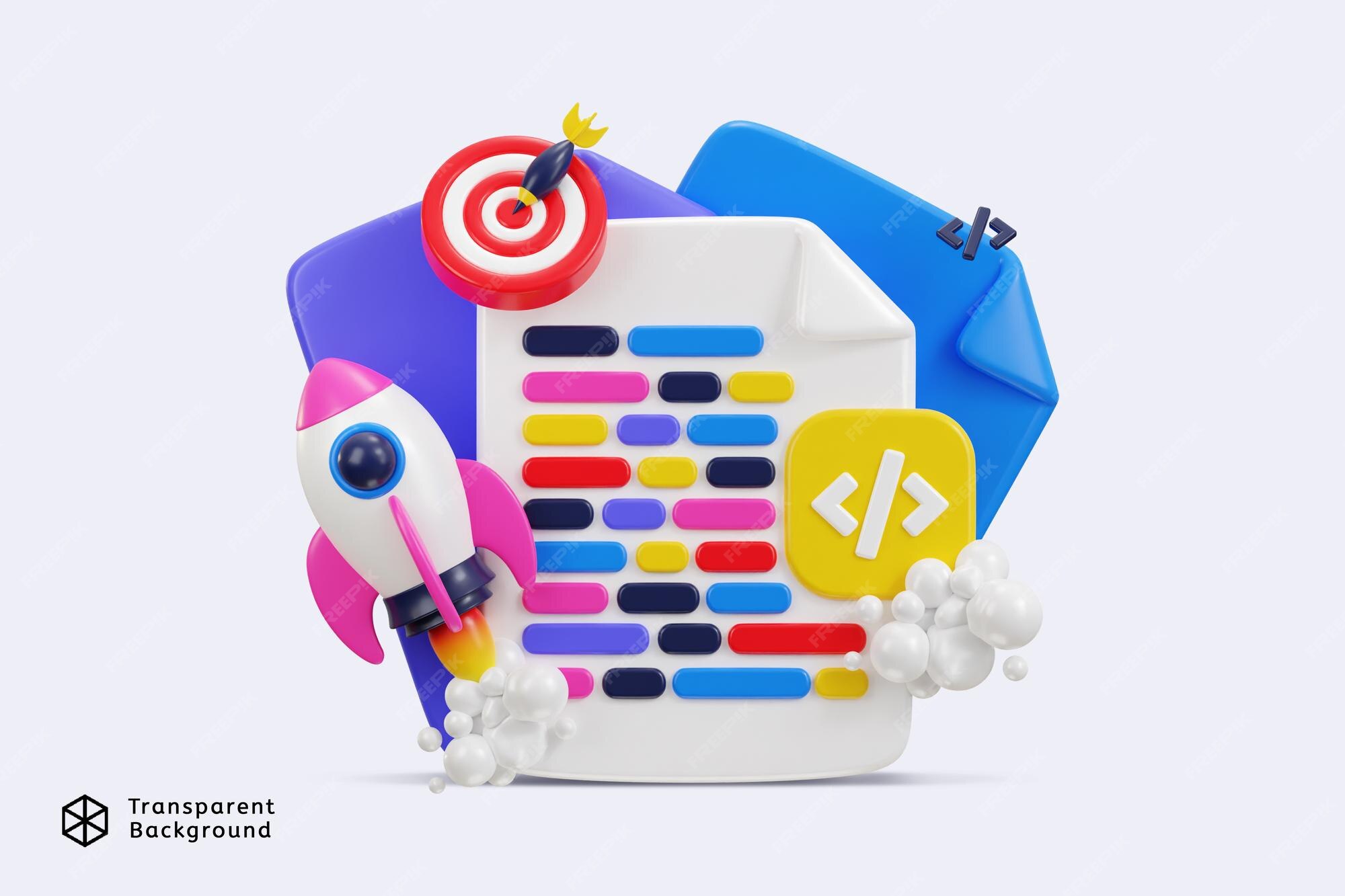 Premium Psd 3d Programming Language With Target On Web Development Coding Symbol With Rocket