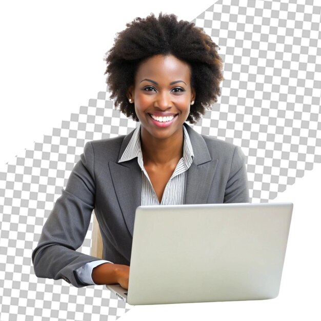 African businesswoman smiling working at laptop over white wall ... African businesswoman smiling working at laptop over white wall ...