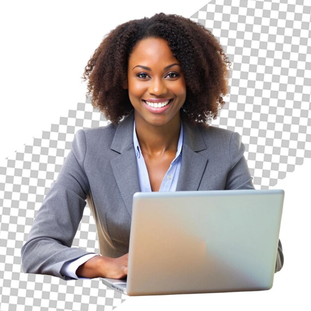 African businesswoman smiling working at laptop over white wall ... African businesswoman smiling working at laptop over white wall ...