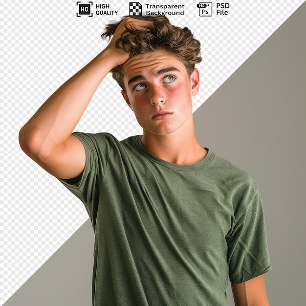Awesome Looking Camera Grabbed Head Young Handsome Guy Wearing Green T