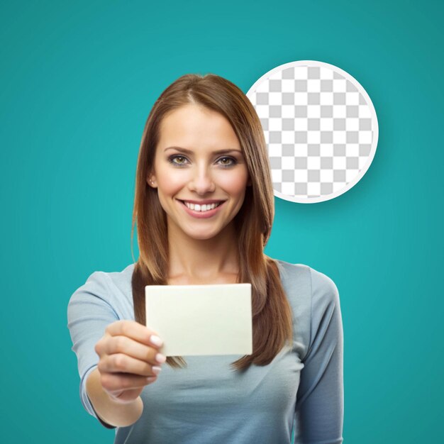Premium PSD | Beautiful young woman holds blank card Premium PSD | Beautiful young woman holds blank card