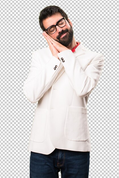 Premium Psd Brunette Man With Glasses Making Sleep Gesture