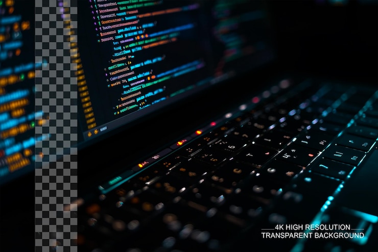 Premium PSD | Close up of monitor displaying source code coding program on transparent background