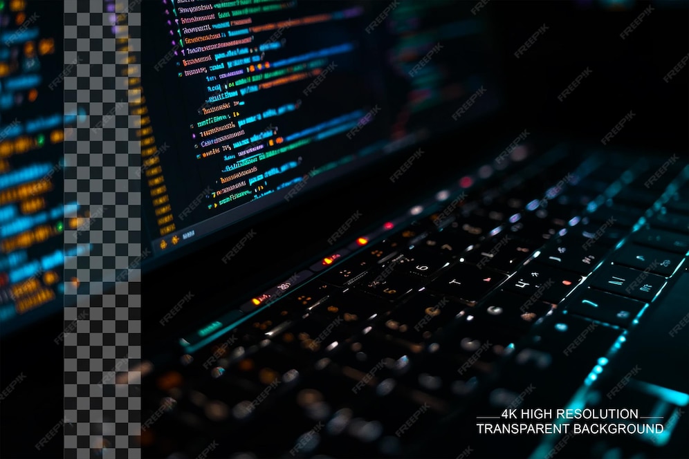 Premium PSD | Close up of monitor displaying source code coding program on transparent background