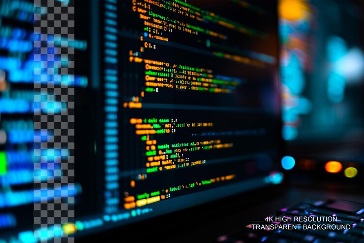 Premium PSD | Close up of monitor displaying source code coding program on transparent background
