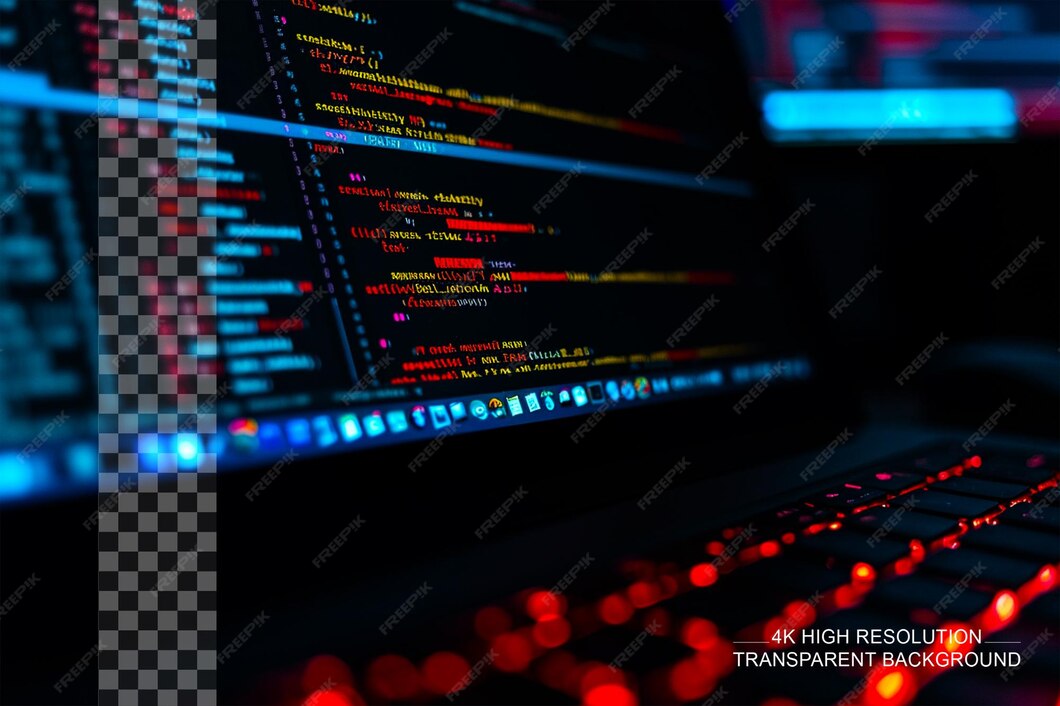 Premium PSD | Close up of monitor displaying source code coding program on transparent background