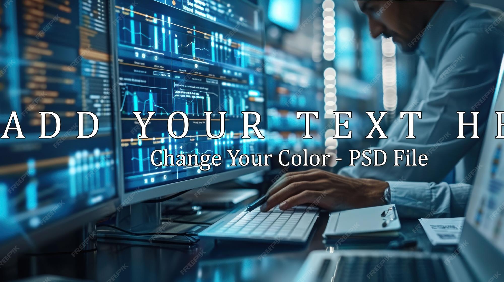 Data scientist or IT specialist working on computer with multiple monitors showing charts and ...