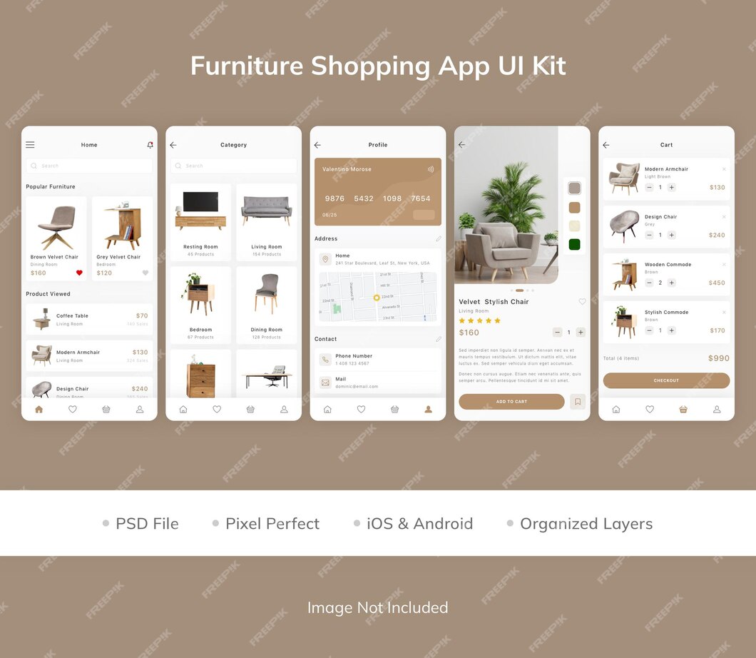Premium PSD | Furniture shopping app ui kit Premium PSD | Furniture shopping app ui kit