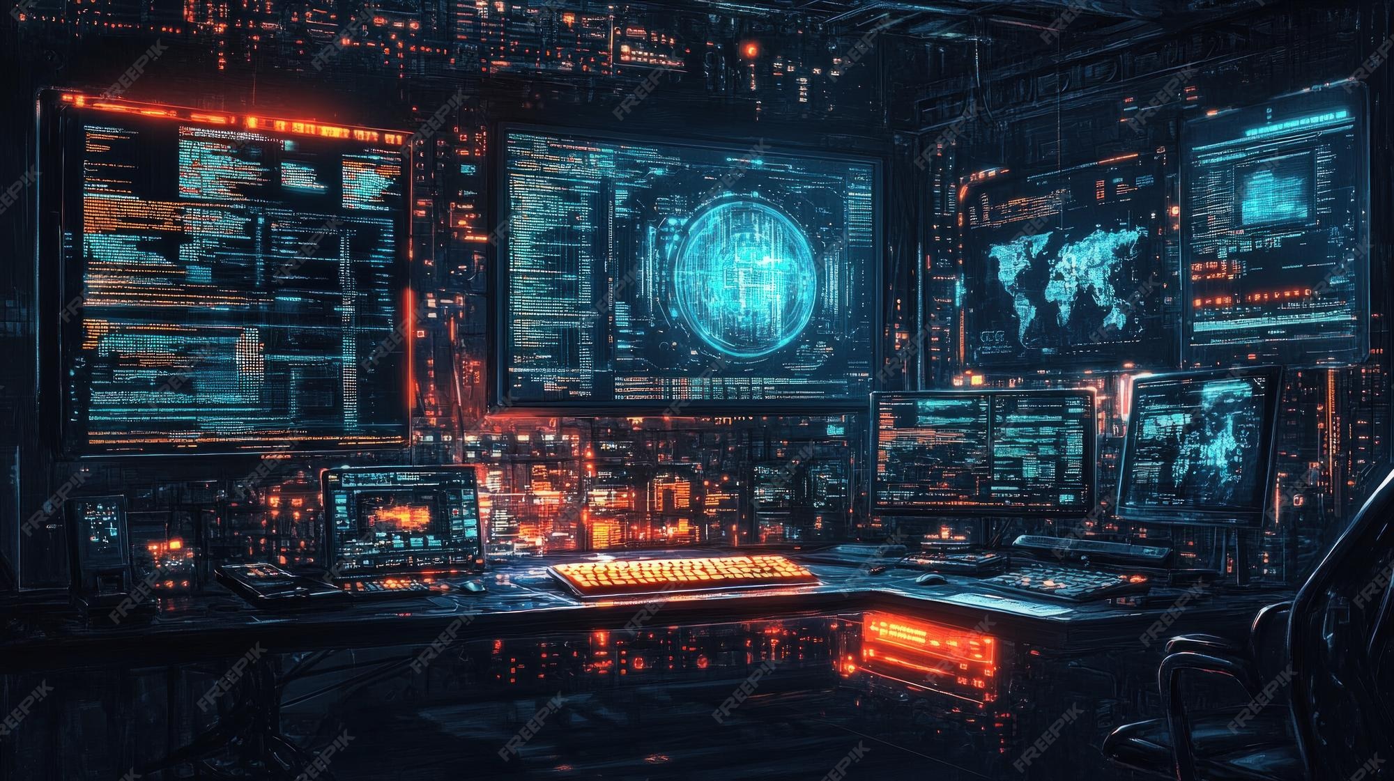 A futuristic hacker workspace with multiple monitors displaying code ...
