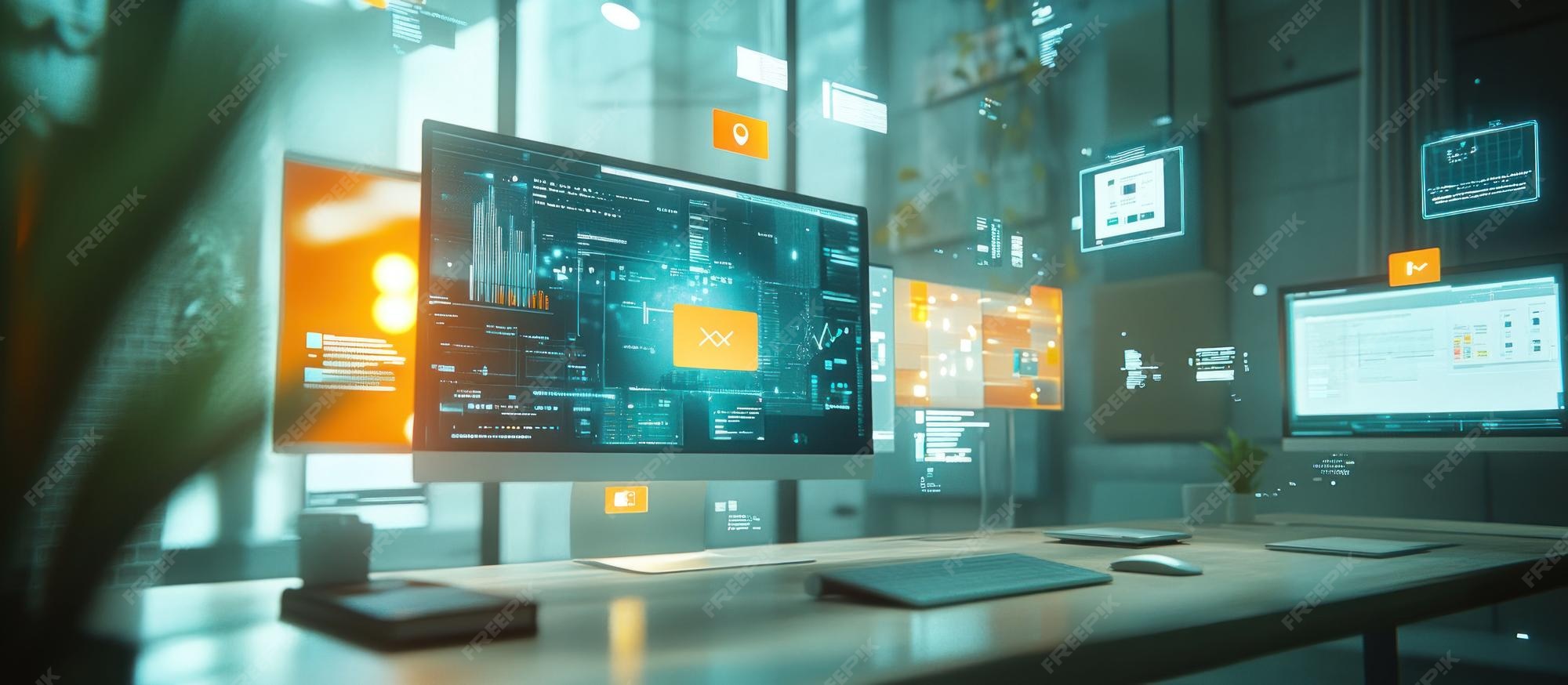 Futuristic workspace with holographic displays showing data analytics programming code and ...