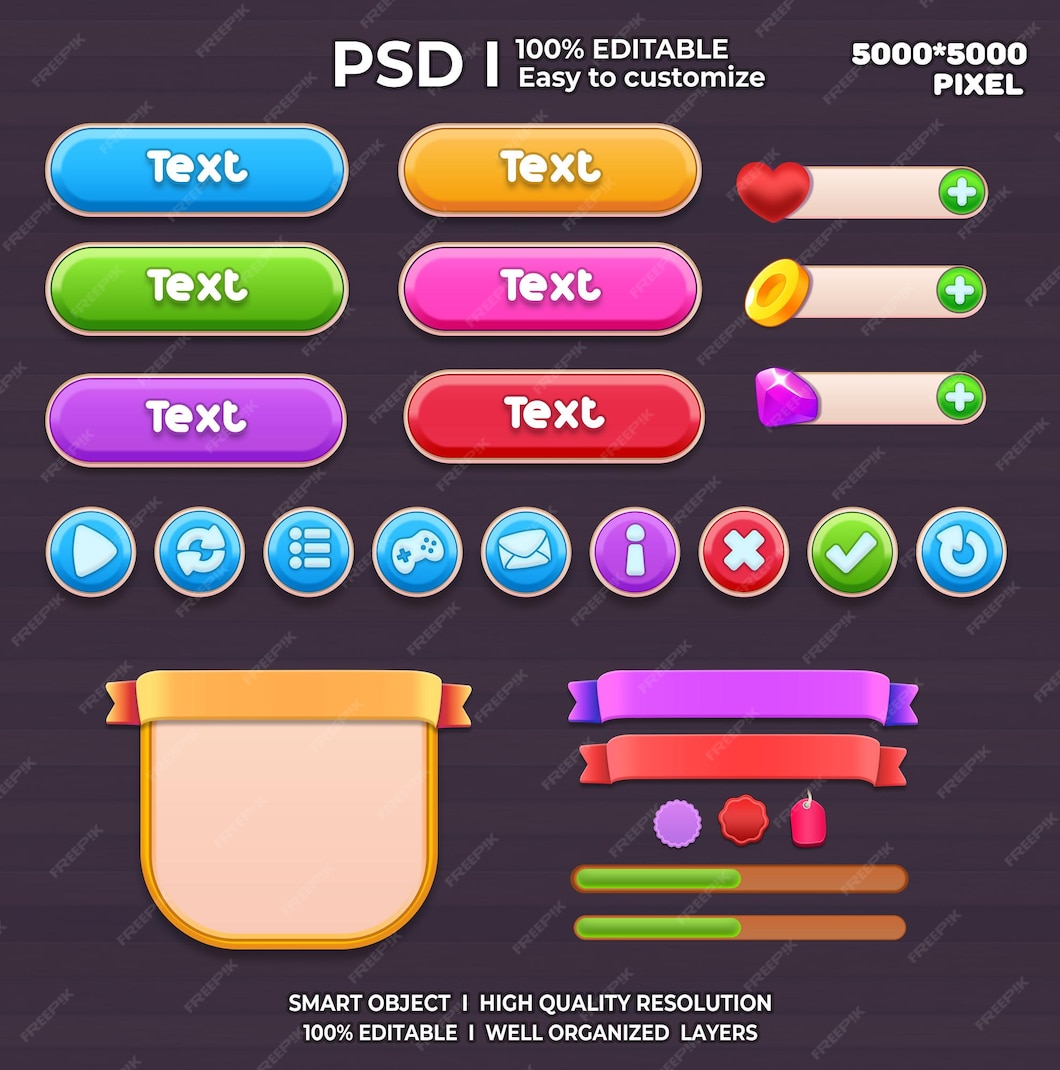 Premium PSD | Game UI Kit Game Elements Game UI Button Casual Game UI ...
