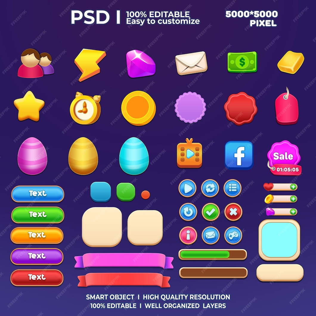 Premium PSD | Game UI Kit Game Elements Game UI Button Casual Game UI ...