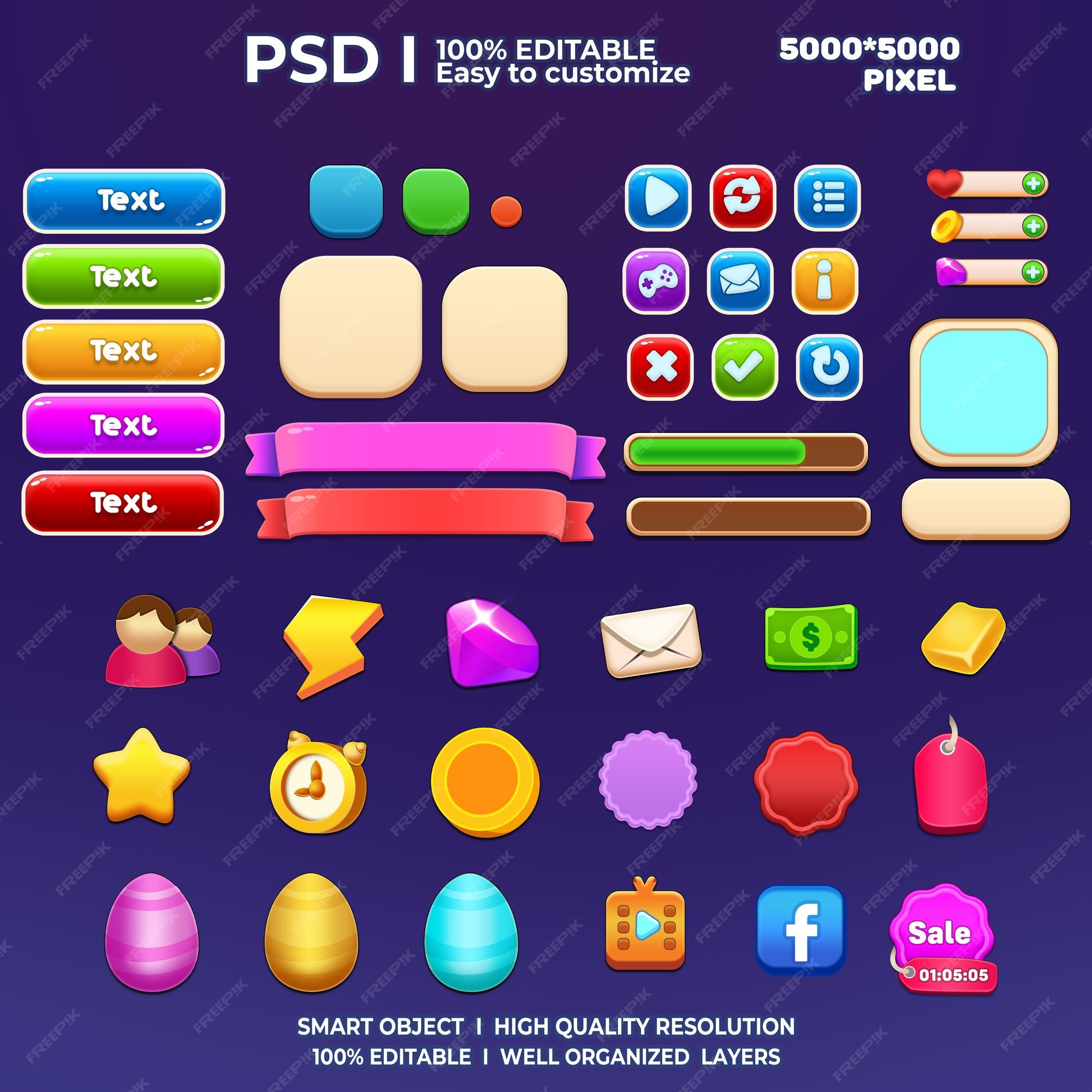 Premium PSD | Game UI Kit Game Elements Game UI Button Casual Game UI Kit Game graphics ...