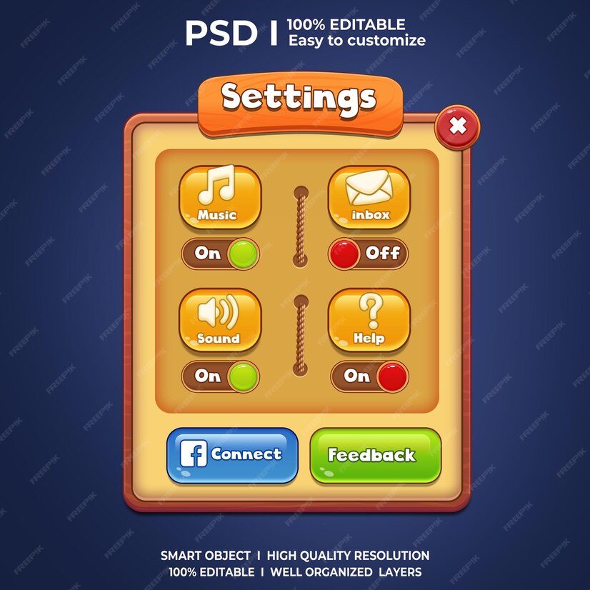 게임 UI 설정 화면 설정 UI 2D UI 2D 인터페이스 게임 UI 요소 게임 요소 버튼 | 프리미엄 PSD 파일