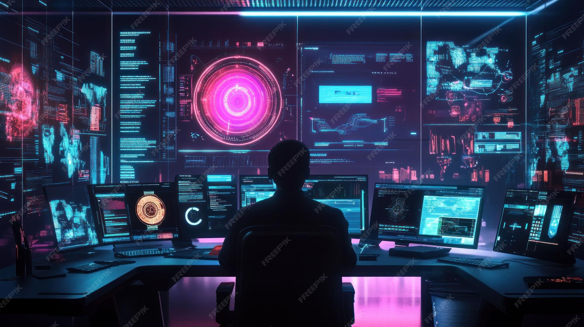 Hacker at work in a dark room surrounded by multiple monitors displaying complex data and code ...