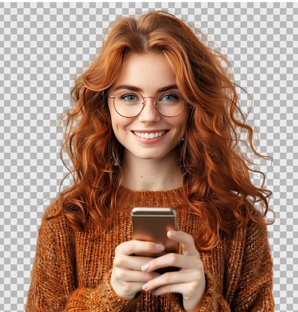 Happy smiling redhead girl holding smartphone in hands in spectacles on ... Happy smiling redhead girl holding smartphone in hands in spectacles on ...