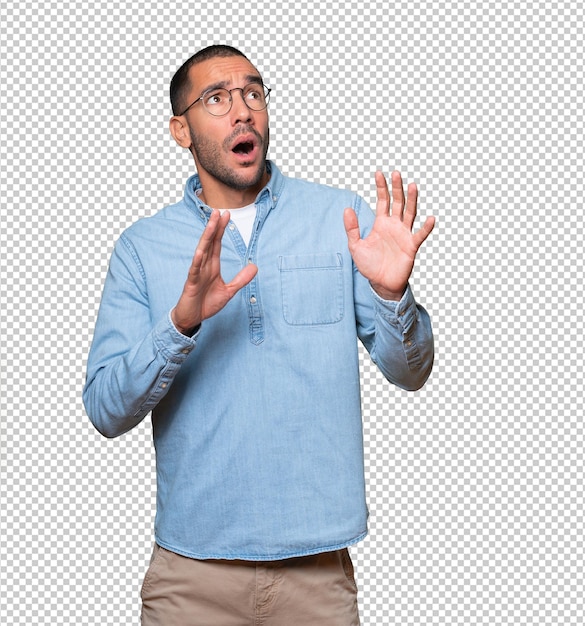 Premium PSD | Happy young man looking up gesture Premium PSD | Happy young man looking up gesture
