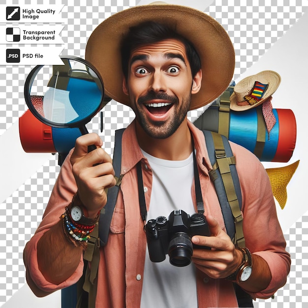 Premium Psd A Man Holding A Magnifying Glass And A Camera With A