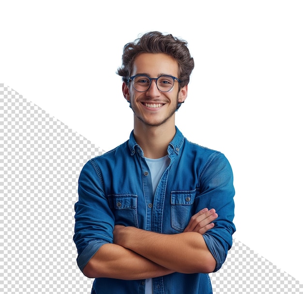 A Man Wearing Glasses And A Blue Shirt With A Shirt That Says Hes