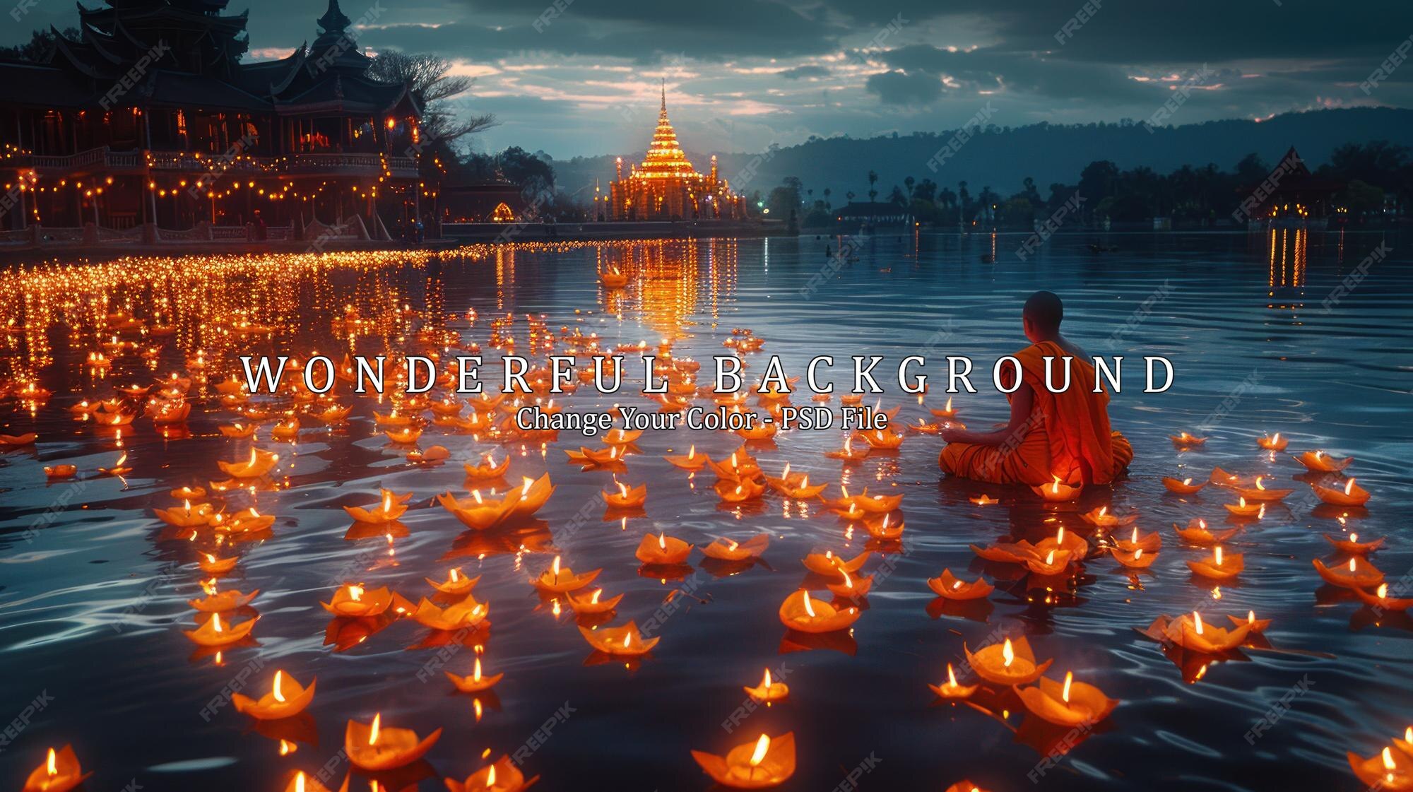 Premium PSD | Monk Meditating Amidst Floating Candles in a Serene Lake Premium PSD | Monk Meditating Amidst Floating Candles in a Serene Lake