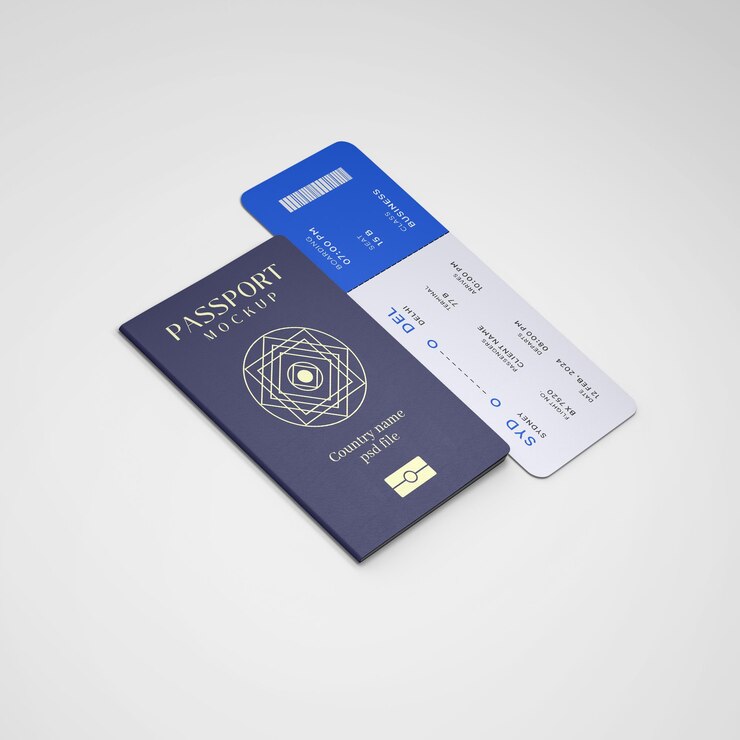 Premium Psd Passport Cover With Boarding Pass Ticket Mockup