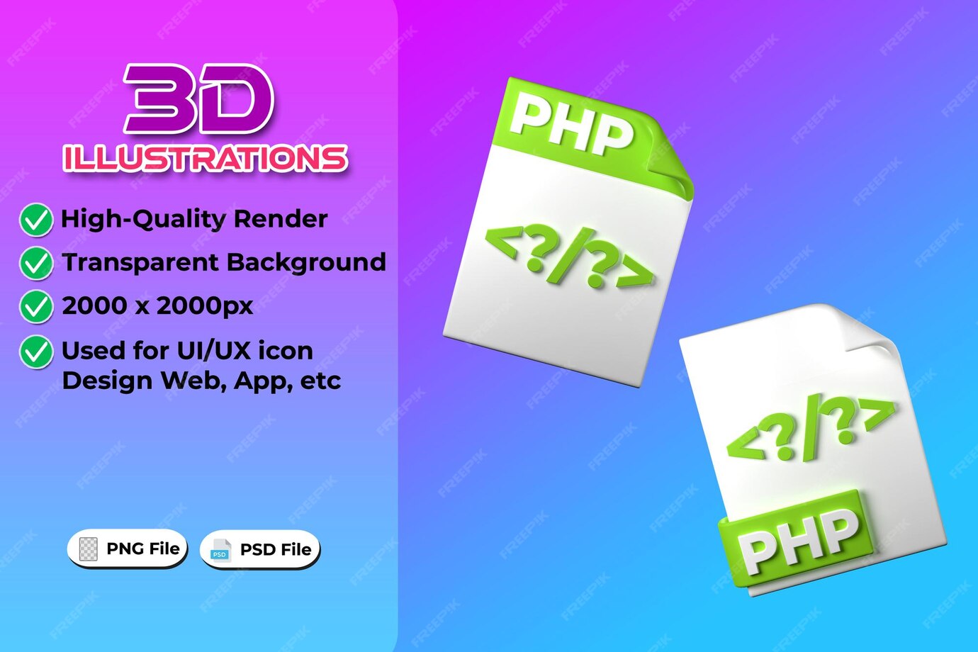Premium PSD | Php file type 3d rendering on transparent background ui ux icon design web and app ...